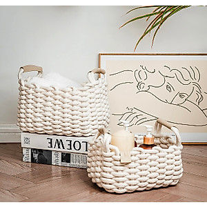 ART pinecone Handmade Thick Cotton Rope Basket | Woven Storage Basket | Basket Organizer | Woven Basket | Home Storage | Home Decor Storage (white & red, 18"*16")