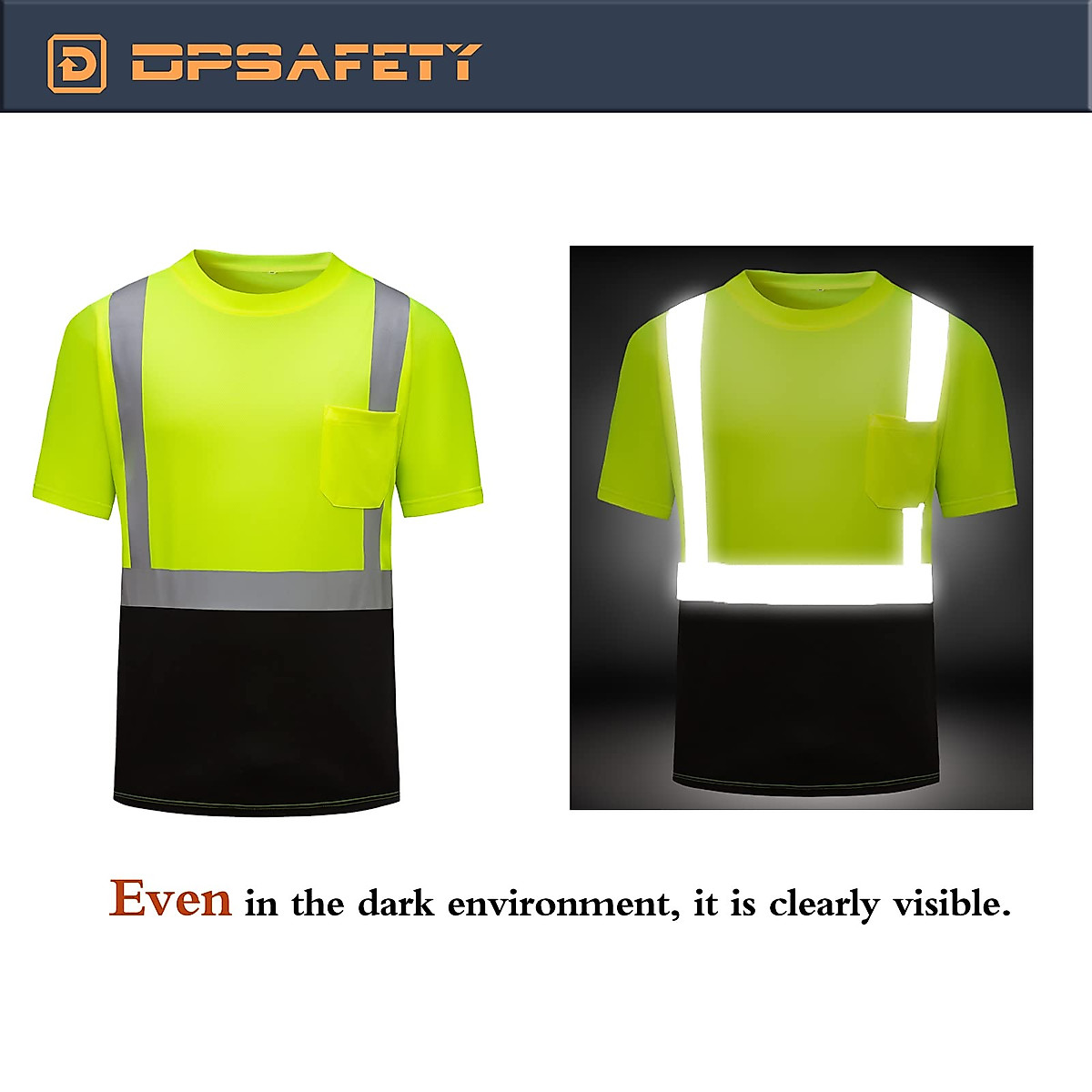 DPSAFETY High Visibility Shirts Quick Dry Safety T Shirts with Reflective Strips and Pocket Short Sleeve Mesh Hi Vis Construction Work Class 2 Shirt for Men/Women Black Bottom Lime,Medium