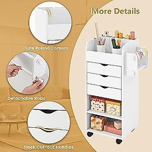 Giantex Craft Storage Cart - Utility Organizer Cart with 3 Drawers, 3 Shelves, 3 Slotted Compartments, 2 Rolling Rods, Crafting Sewing Cabinet on Wheels for Wrapping Paper Scrapbook Ribbon (White)