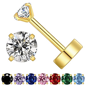 Tiny 3mm CZ Stud Flat Back Earrings for Women 14k Gold | Cartilage Earring Helix Tragus Conch Piercing Jewelry | Screw Back Gold Stud Earrings for Women