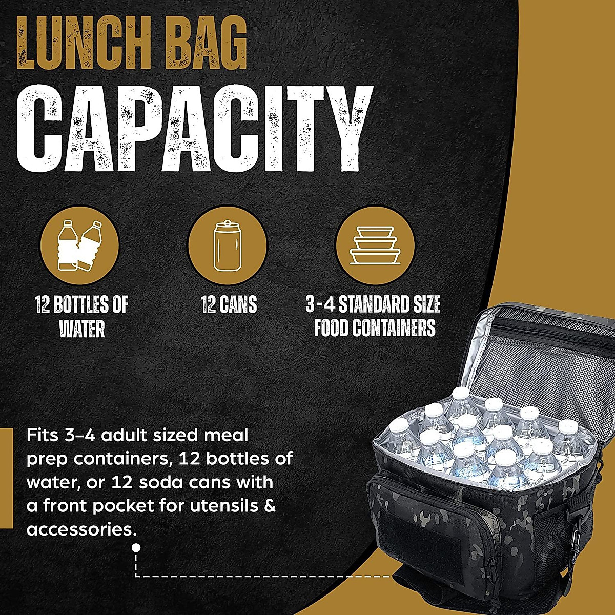 HSD 10mm Thick Insulated Adult Lunch Bag - Leak Proof for Hot & Cold Temperature - Tactical Style Easy To Clean, Durable & Water-Resistant - Sturdy Handle, Shoulder Strap, & Pockets - Men & Women