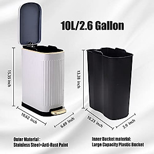 CEROELDA White Bathroom Trash Can with Lid-Stainless Steel Step Slim Garbage Can-Metal Wastebasket-10L/2.6 Gallon Rectangle Pedal Trash Bin for Narrow Office, Kitchen, Bedroom, Toilet-Soft Close