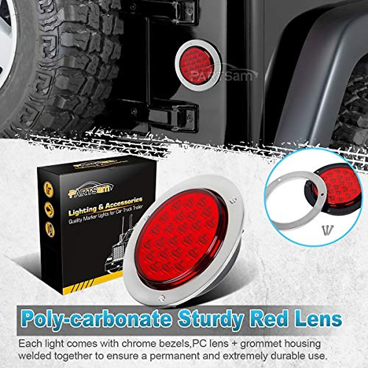 Partsam 10Pcs Red 4" Inch Round LED Trailer Tail Lights 12LED Flange Mount Stainless Steel Chrome Bezel Waterproof Stop Turn Tail Brake Lights Replacement for Trucks RV 12V