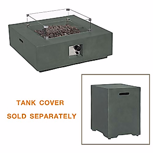 COSIEST Outdoor Propane Fire Pit Coffee Table w Greyish-Green Square Faux Stone 35-inch Planter Base, 50,000 BTU Stainless Steel Burner, Wind Guard, Tank Outside and Rain Cover