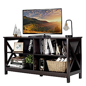 Tangkula TV Stand for TVs up to 55 Inches, 47" Farmhouse Entertainment Center with 4 Open Shelves & Built-in Cable Holes, TV Console Table with X-Shaped Frame for Living Room (Brown)
