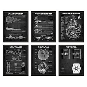 BigWig Prints: Star Wars Blueprints - Star Wars Poster, Starwars Wall Decor, Starwars Posters for Walls, Deathstar, Millennium Falcon, X Wing, Tie Fighter, AT-AT Gifts - Unframed Set of 6 (8x10)