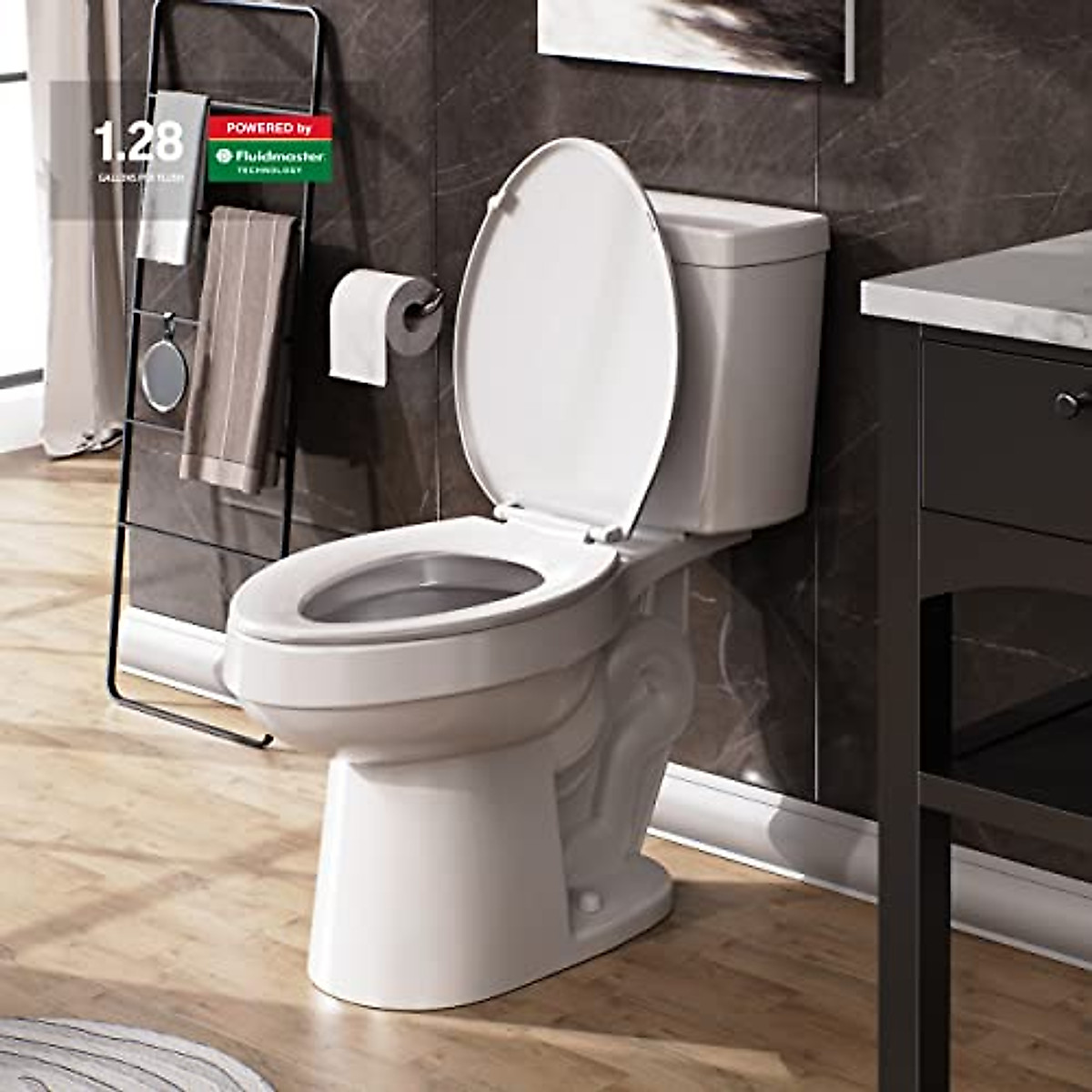 White 2-piece Elongated Toilet with Standard 12-in Rough-in, ELLAI Powerful Single Flush 1.28 GPF ADA Chair Height Toilet (Seat Included)