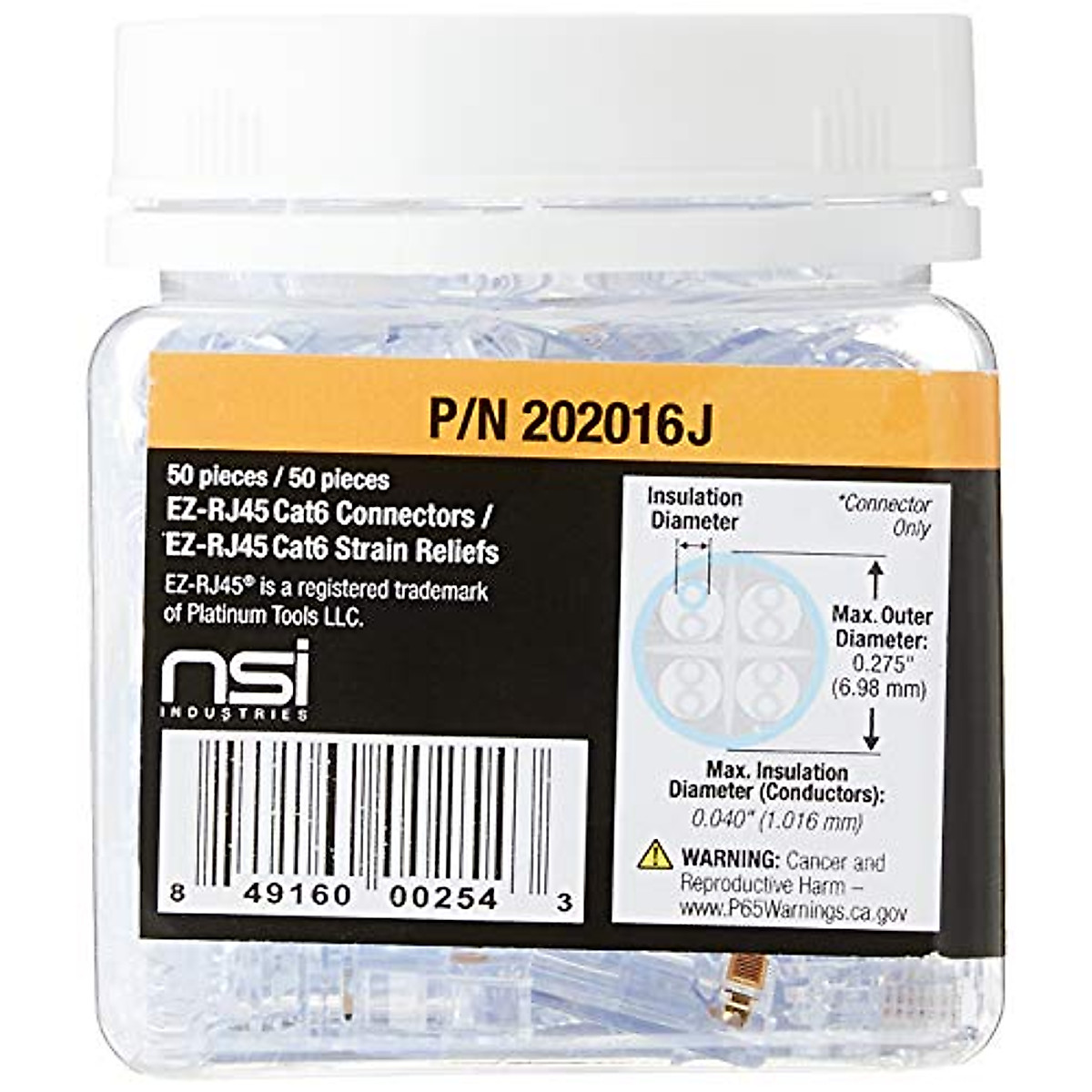 Platinum 202016J EZ-RJ45 Cat 6 Connector and Strain Relief Combo Kit, 50-Pieces