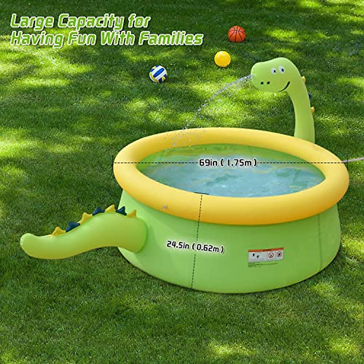 Inflatable Above Ground Family Size Pop up Pool for Kids Kiddie Kiddy Toddler Adult Hard Plastic Dinosaur Sprinkler Round Top Ring Pools for Outdoor Garden Backyard Summer Water Party 70" X 25"