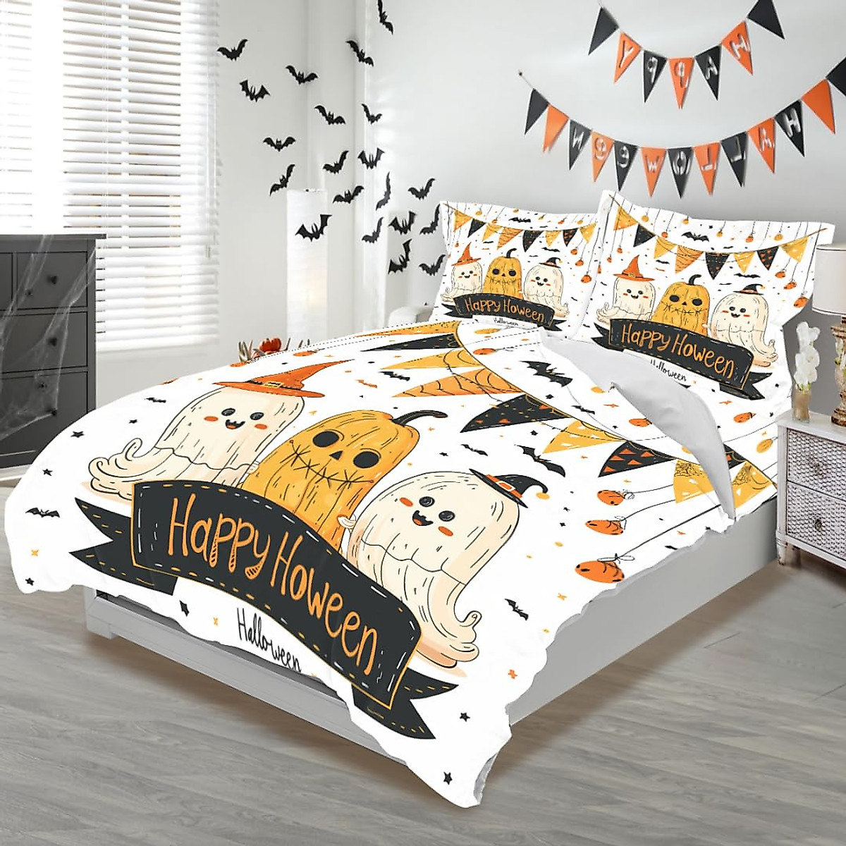 DiuuDi Halloween Duvet Cover King Size 3D Printed White Background Duvet Cover Set Halloween Pumpkin Ghost Spider Web Festival Gift Comforter Cover Cozy Quilt Cover with 2 Pillowcases