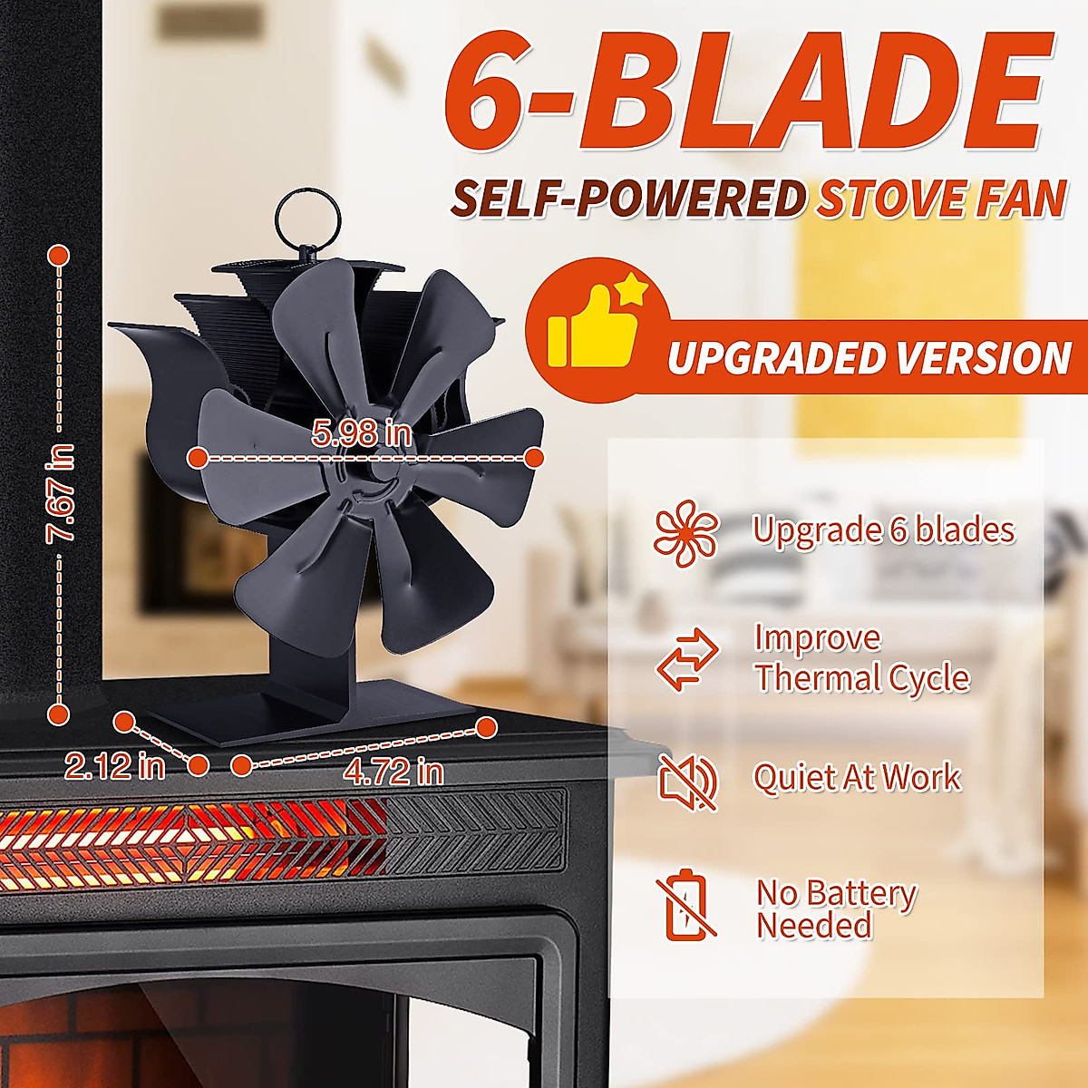 YUICHH Wood Stove Fan, 6-Blade Wood Stove Fan Heat Powered Fireplace Fan, Upgrade Kernel Fireplace Fan Non Electric Heat Powered Stove Fan for Wood/Log Burner/Fireplace Quiet Circulating Warm Air