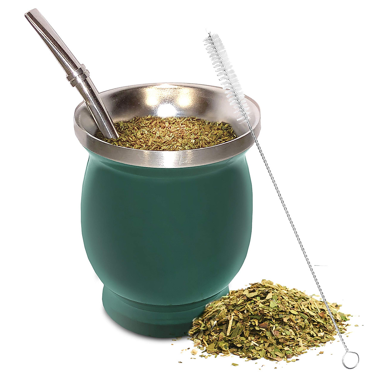 Norte Yerba Mate Natural Gourd/Tea Cup Set Green (Original Traditional Mate Cup - 8 oz) | Includes Bombilla (Yerba Mate Straw) & Cleaning Brush | Green Stainless Steel | Double-Walled | Easy to Clean