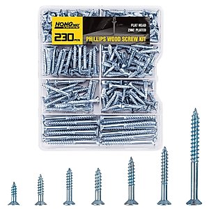 Hongway 230pcs Wood Screws Assortment Kit, Flat Head Wood Screws Set, Zinc Plated Steel, Self Tapping Screws, Drywall Screws Assortment, Assorted Wood Screws, Assorted Screws(7 Sizes)