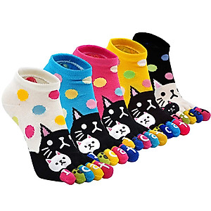 Hellomamma Women's Toe Sock Cute Cat Dog Ankle Sock Cotton Athletic Running Five Finger Socks for Girls (5 Pairs)