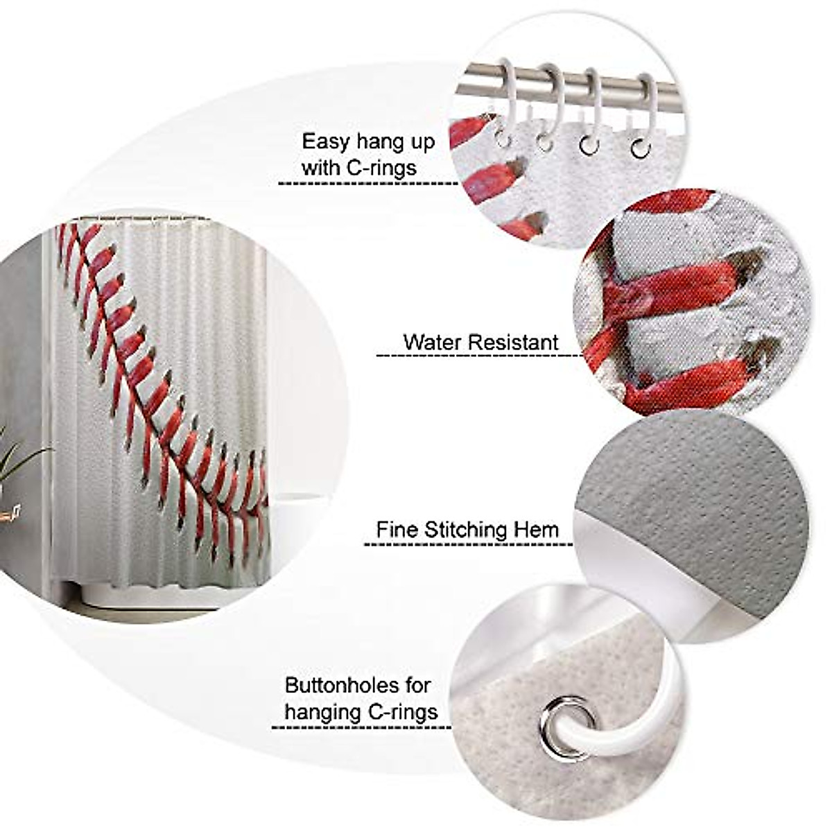 4 Pieces Bathroom Shower Curtain with Mats Set Sports Baseball Texture Closeup Background,Non-slip Bath Rugs Toilet Lid Cover U-shaped Carpet,Red and White Lines Laces Doormats Waterproof Curtains