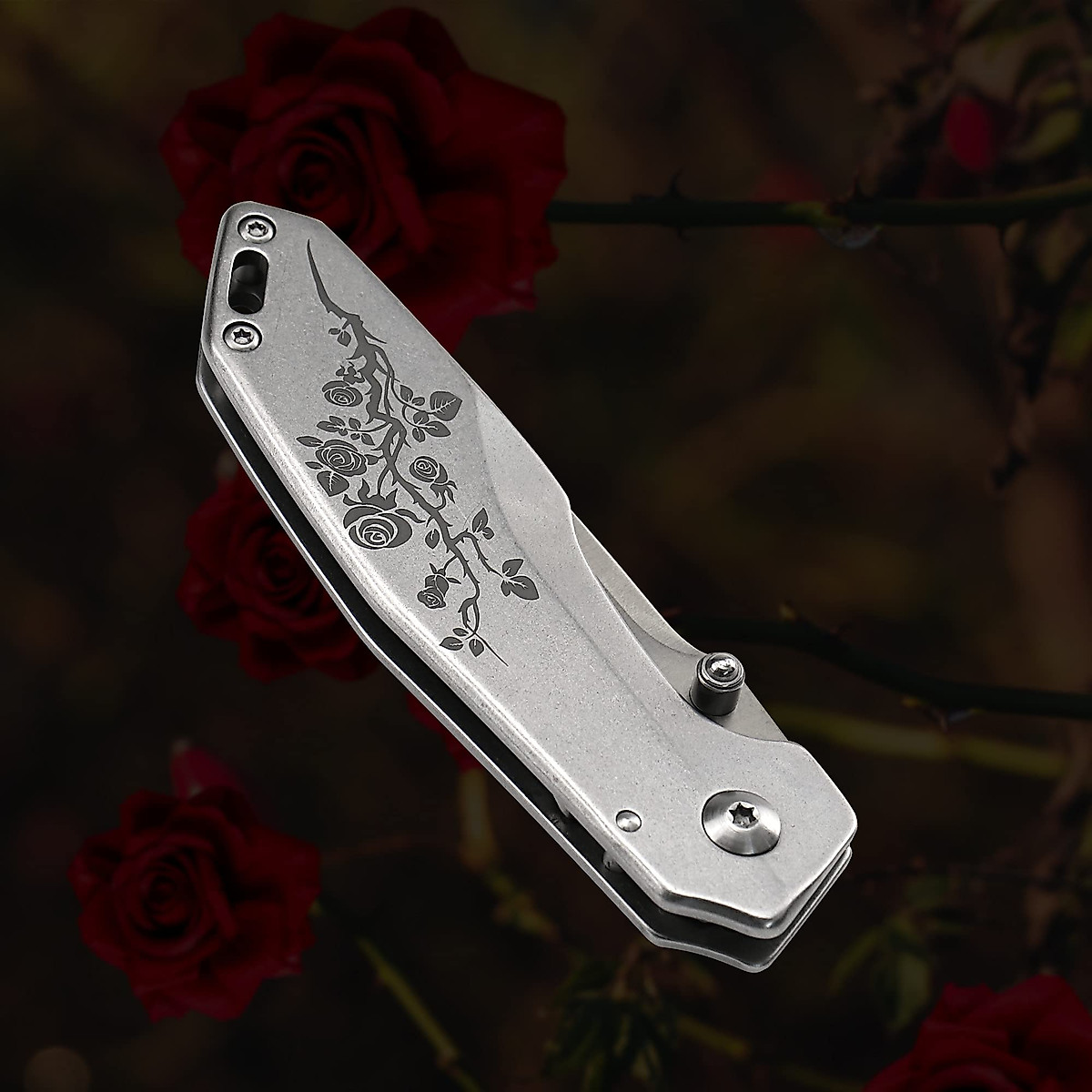 ALBATROSS 7" EDC Simple Practical Folding Knife Liner Lock Pocket Knife with 8Cr14MoV Steel Blade,Rose pattern Stainless steel Handle,Belt Clip and Orange Gift Box