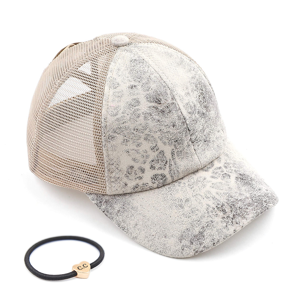 C.C Exclusives Washed Distressed Cotton Denim Criss-Cross Ponytail Hat Baseball Cap Bundle Hair Tie (BT-923) (A Elastic Band-Vintage Faux Leather Beige)
