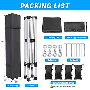 CAJECUS 10'x10' Pop Up Canopy Tent with 4 Sidewalls, Ez Pop Up Outdoor Canopy,Waterproof Commercial Tent with 3 Adjustable Height, Carry Bag,4 Sand Bags,4 Ropes and 8 Stakes(10FTx10FT,Black)