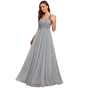 Ever-Pretty Women's Flowy Appliques V Neck A Line Sleeveless Tulle Pleated Evening Gowns Gray US8