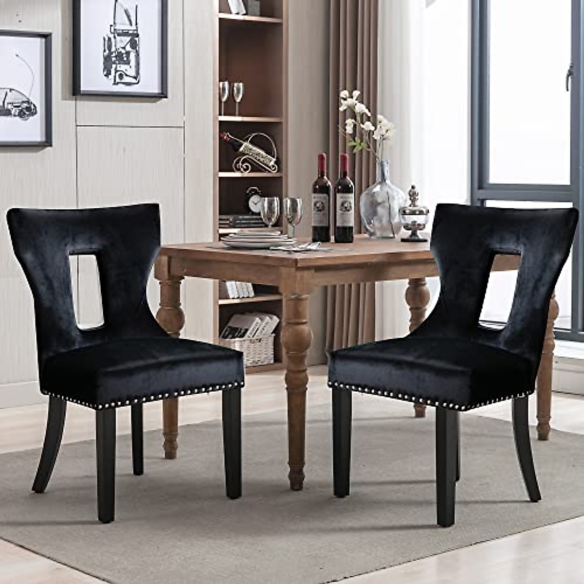 GOTMINSI Velvet Dining Chairs Set of 2, Dining Room Chairs with Nailhead Rivet Trim Design,Upholstered High Back Dining Chairs for Kitchen Dining Room Mid Century Modern Living Room Chairs，Black