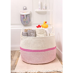 OrganiHaus Baby Laundry Basket 20x13, Large Cotton Rope Basket, Large Blanket Basket Living Room, Large Woven Basket, Extra Large Basket for Blankets Living Room, Pink Woven Laundry Basket