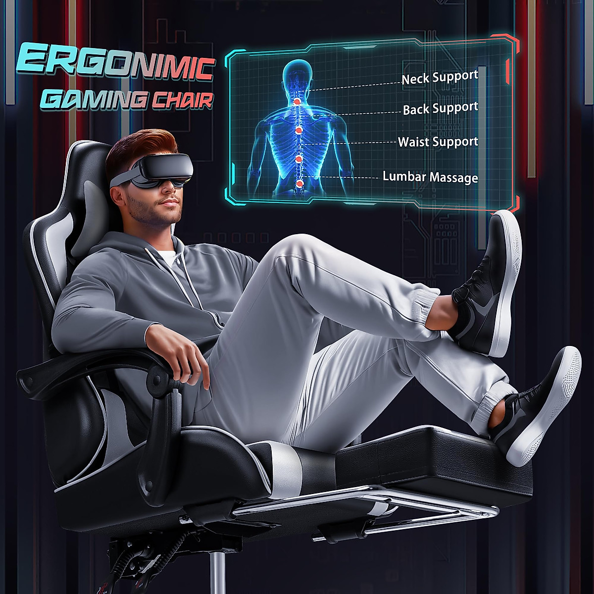 JUMMICO Gaming Chair Ergonomic Computer Chair with Footrest and Massage Lumbar Support, Height Adjustable Video Gaming Chair with 360° Swivel Seat and Headrest (White)