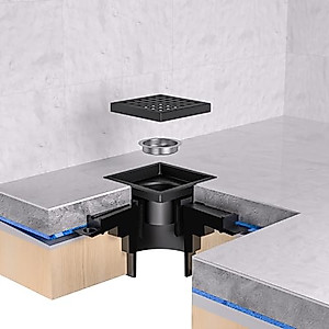 EXF Square Shower Drain 6 Inch Matte Black, Stainless Steel Shower Floor Drain Kit with Flange, Removable Grid Grate, Hair Strainer, Not Fit for Bathtub