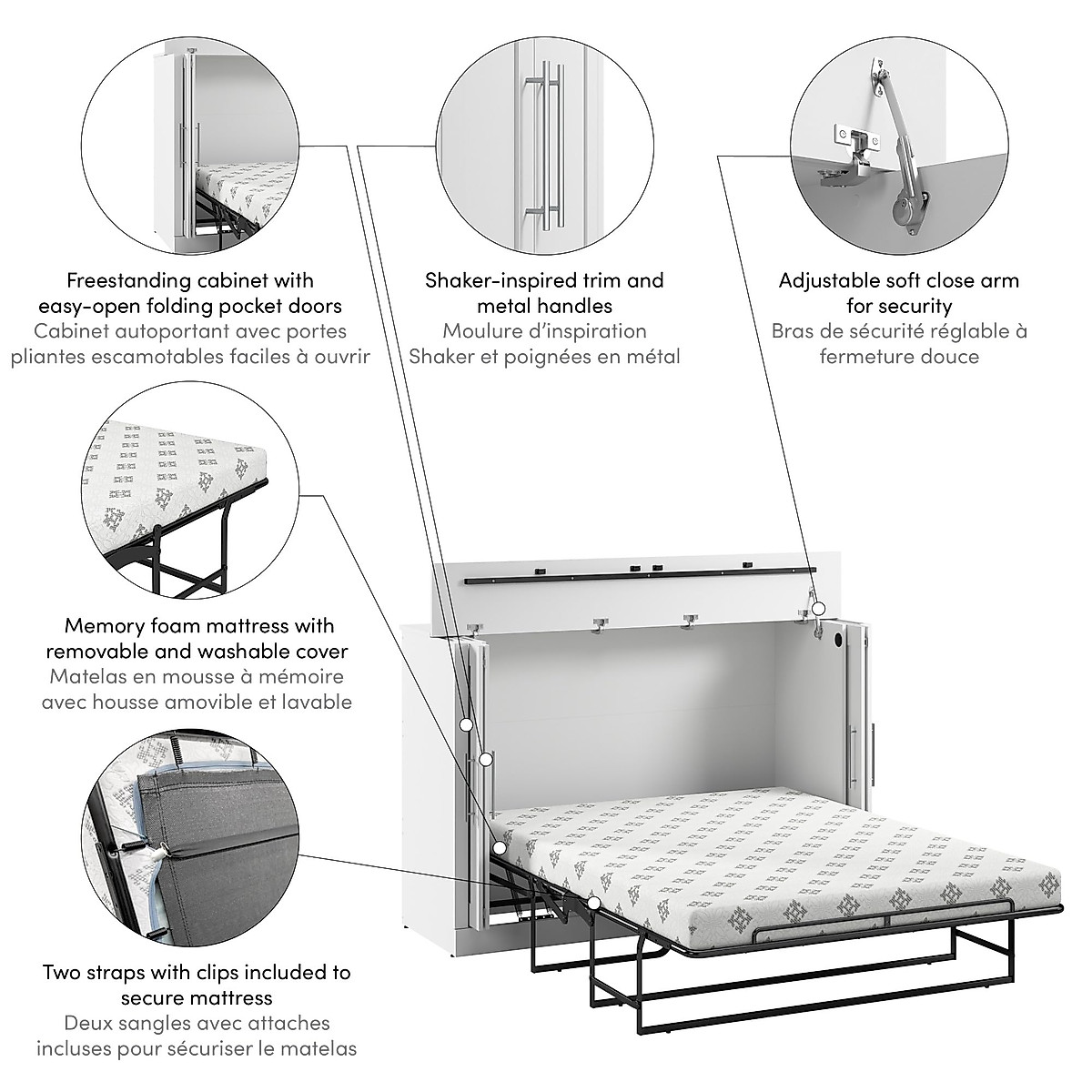 Bestar Pur 75W Queen Size Murphy Cabinet Bed with Mattress in White, 75-inch Space-Saving Sleeping Arrangement for Multipurpose Guest Room or Home Office