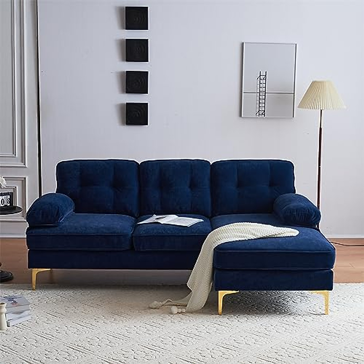 Polibi 83" L-Shape Convertible Sectional Sofa Set with Chaise Lounge, Metal Legs and Button Tufted, 3-Seat Couch for Living Room, Blue