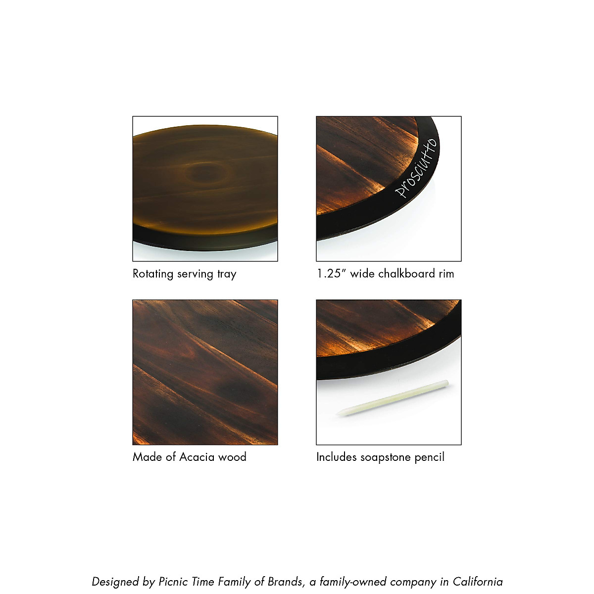 TOSCANA - a Picnic Time Brand Lazy Susan Tray Wooden Turntable Round Charcuterie Board, Cheese Serving Platter, (Fire Acacia Wood)