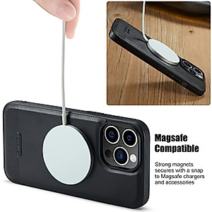 Casus Designed for iPhone 14 Pro Case Compatible with MagSafe Leather Slim Logo View Luxury Elegant Thin Protective Cover (2022) 6.1" - Black