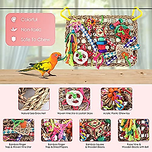 KATUMO Bird Toys, Bird Foraging Wall Toy, Edible Seagrass Woven Climbing Hammock Mat with Colorful Chewing Toys, Suitable for Lovebirds, Finch, Parakeets, Budgerigars, Conure, Cockatiel