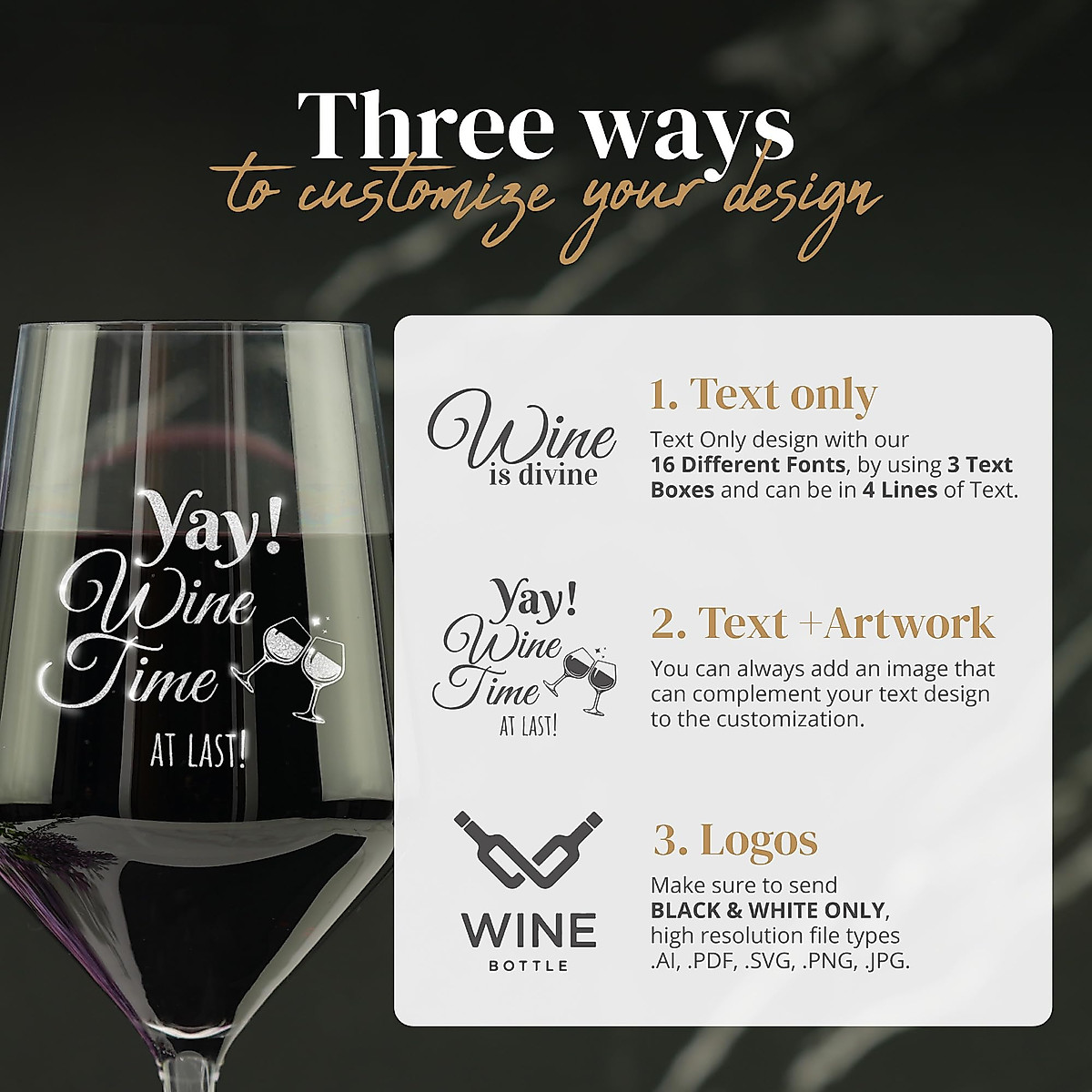 Custom 18oz Crystal Wine Glass with Your Custom Logo Design or Personalized Text - Permanent Laser Engraving - Wedding Favors, Corporate Gifts, Birthdays, Parties or Events