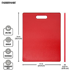 Farberware Large Plastic Cutting Board, Dishwasher- Safe Poly Chopping Board for Kitchen Meal Prep with Easy Grip Handle, 11x14-Inch, Red