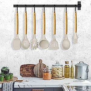 Kinfayv Silicone Cooking Utensils Kitchen Utensil Set, 21 PCS Wooden Handle Nontoxic BPA Free Silicone Spoon Spatula Turner Tongs Kitchen Gadgets Utensil Set for Nonstick Cookware with Holder (Khaki)