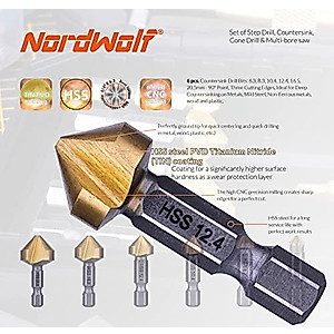 NordWolf 12-Piece HSS Titanium Metric Step, Countersink, Cone Drills with 1/4" Hex Shank, Multi Drill Saw & Automatic Center Punch Combination Set in Storage Case