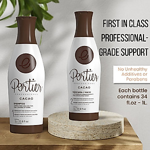 Portier Cacao Shampoo and Brazilian Hair Mask for Dry, Damaged Hair, Advanced 2-Step Treatment, Smoothing and Moisturizing Haircare for Curly, Color Treated, or Frizzy Hair. Each Bottle is 34fl.oz/1L