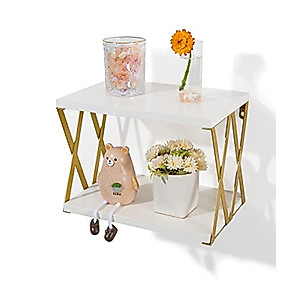 Afuly Floating Nightstand Wall Mounted, 12 Inch Bedside Table for Bedroom Storage Decor, Modern White Gold Wall Shelves for Home Livingroom Bathroom Kitchen Decor