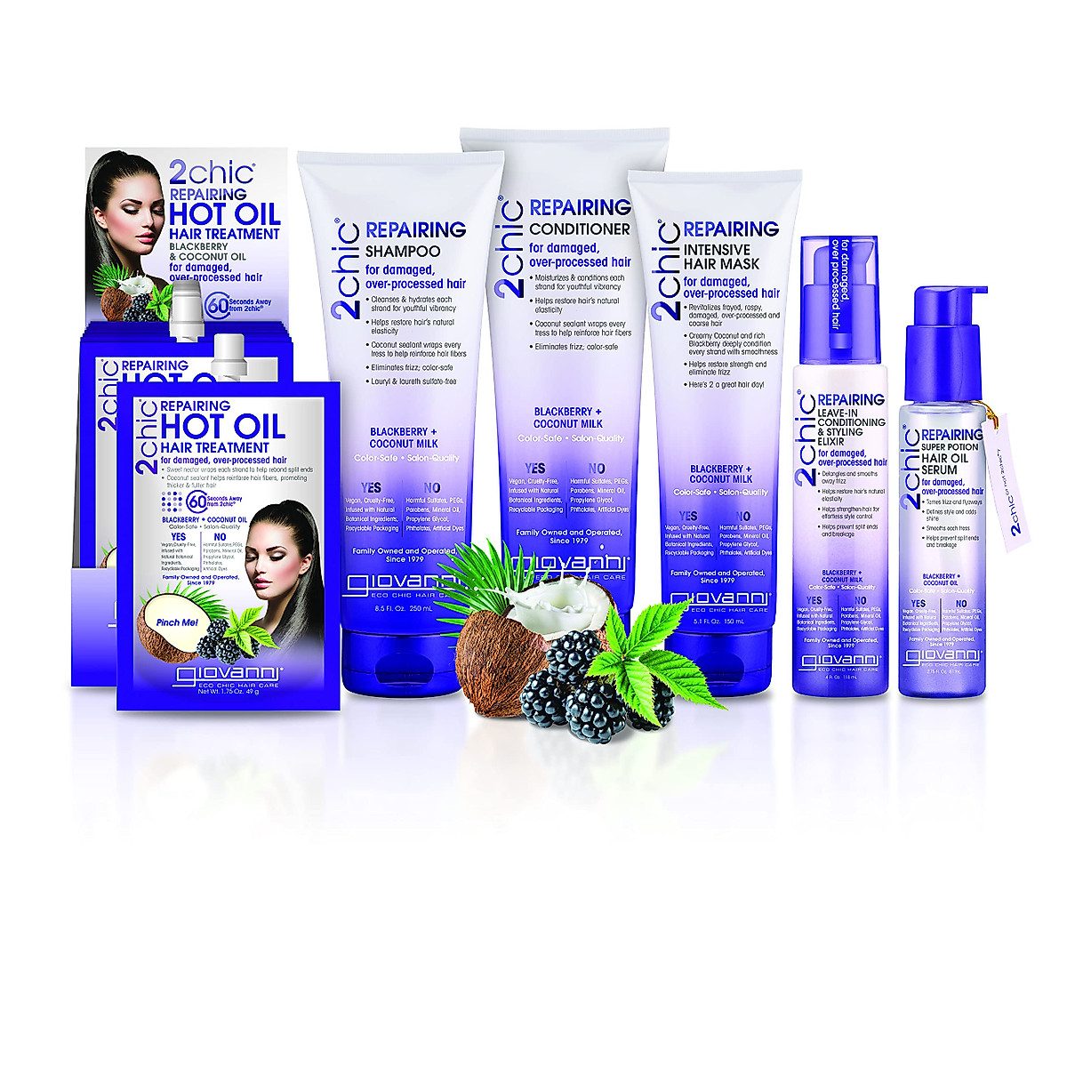 GIOVANNI 2chic Ultra-Repairing Shampoo Set - For Damaged, Over-Processed Hair, Helps Restore Hair's Natural Elasticity, Blackberry & Coconut Oil, Argan, Shea Butter, Color Safe - 24 Fl Oz Each