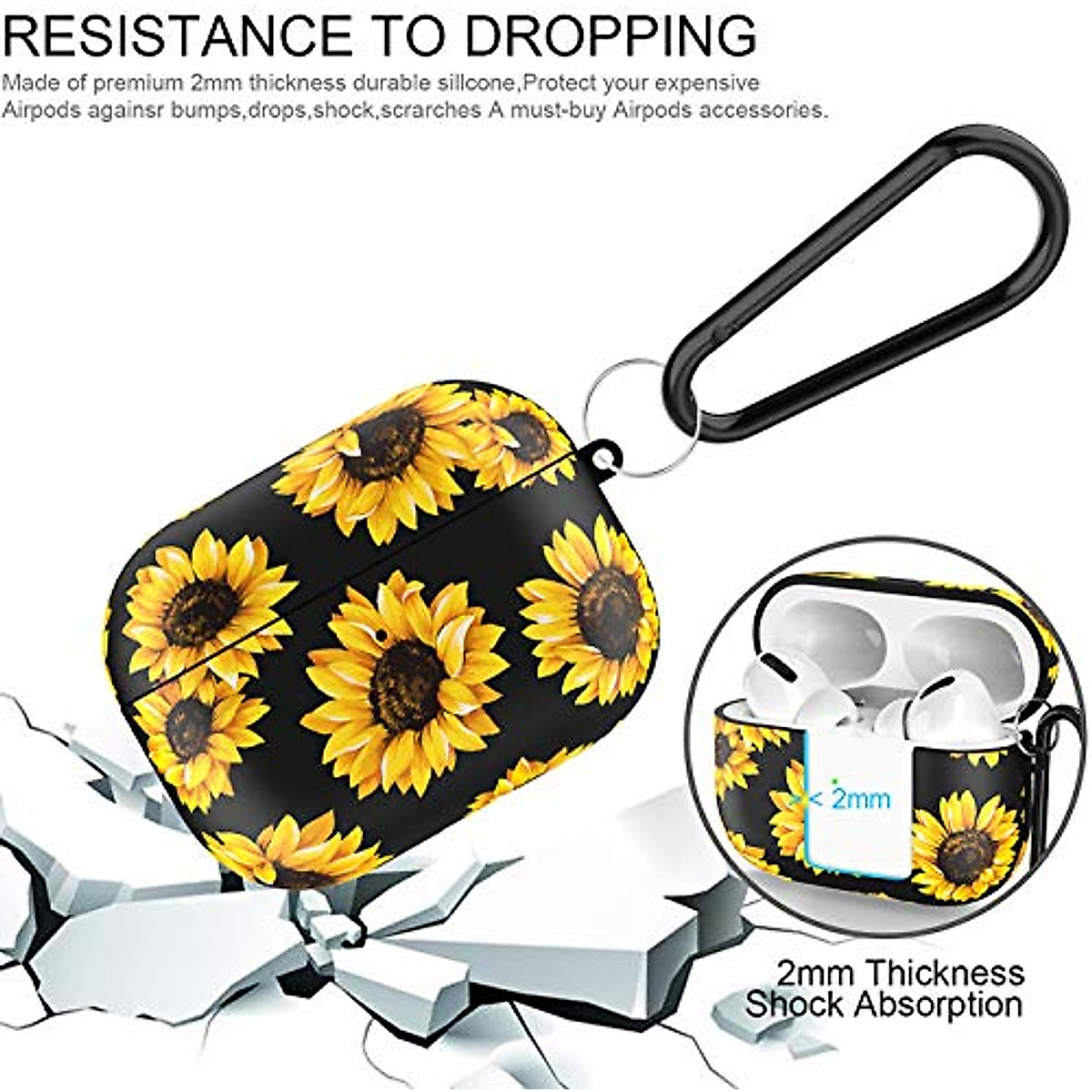 Airpods Pro Case,Silicone Cover Cases for Airpods 3rd with Sunflower Design for Girls Women,Shockproof Protective TPU Airpod Pro Case with Keychain Compatible with Wireless Charging