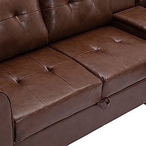 FANYE L-Shaped Corner Sectional Reversible Storage Chaise, Modern Convertible Sofa & Couch W/Headrest and Cupholders for Home Apartment Office Living Room, Brown PU Leather