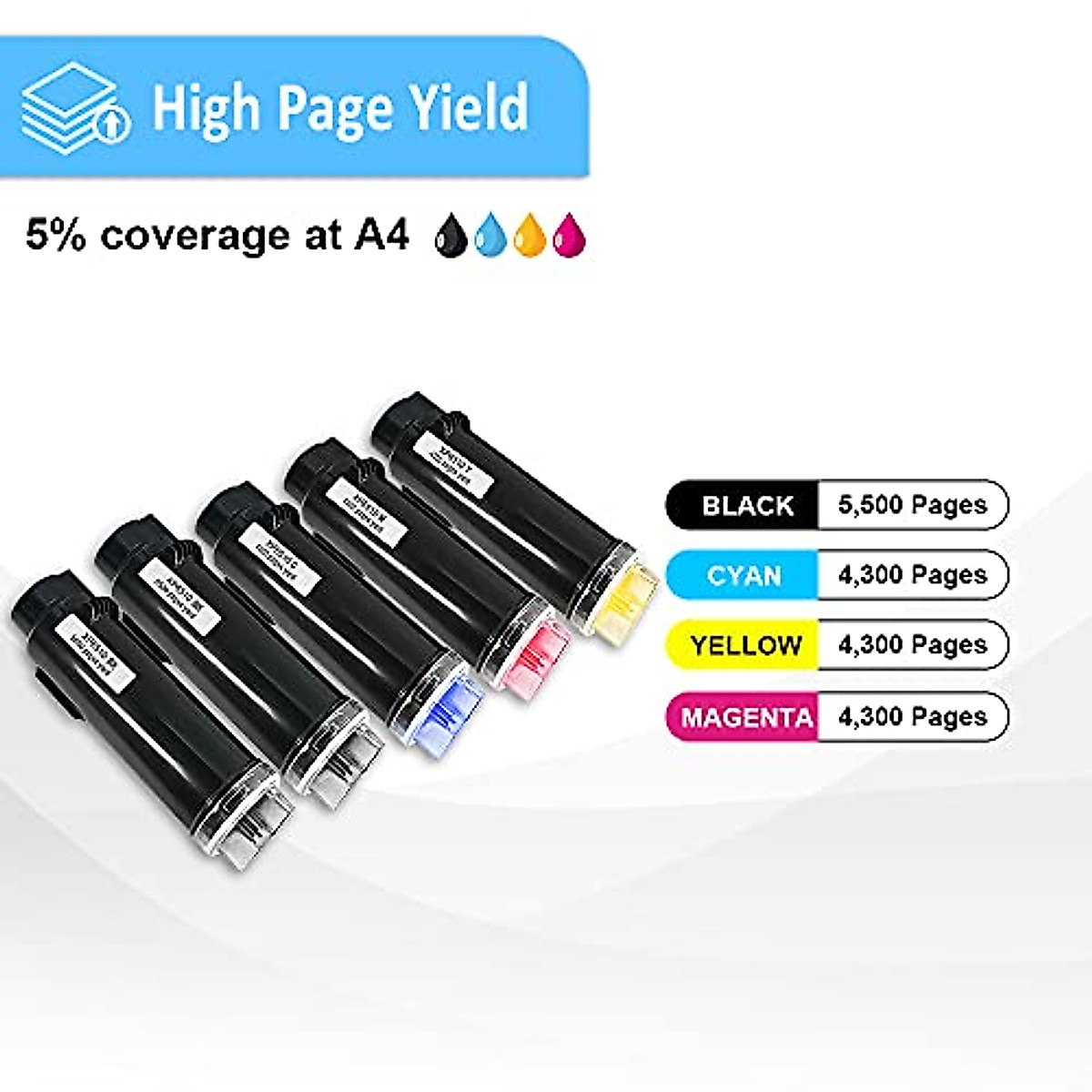 LAIPENG 5 Packs Compatible Toner Cartridges 6510 6515 for Xerox Phaser 6510 6510n 6510dn 6510dni 6510dnm WorkCentre 6515 6515n 6515dn 6515dni 6515dnm High Yield 5500 BK & 4300 Pages CMY