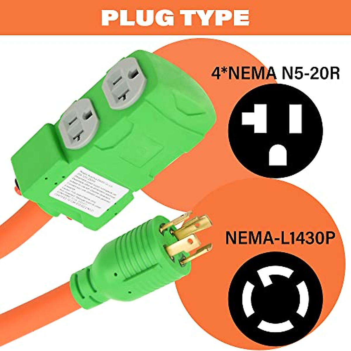 Flameweld Generator Adapter Cord - NEMA L14-30PTwist Lock Male to Four NEMA 5-20R, Heavy Duty Generator Locking Cord with Surge Protector Breaker, 30Amp 7500 Watts