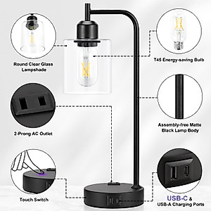 Industrial Touch Table Lamps for Bedrooms Set of 2 - 3-Way Dimmable Nightstand Lamps with USB C+A Ports and Outlet, Black Bedside Lamps with Glass Shade for Living Room, Desk Lamps for Home Office