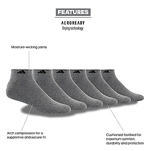 adidas Men's Athletic Cushioned Low Cut Socks with Arch Compression for a Secure fit (6-Pair), Heather Grey/Black, XL