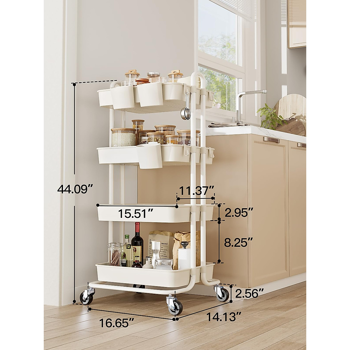 Pipishell 4-Tier Rolling Cart, Utility Cart with Lockable Casters, PP Plastic Storage Baskets, Hanging Cups & Hooks, Rolling Cart for Living Room, Bedroom, Kitchen, Bathroom, Art Studio(White)