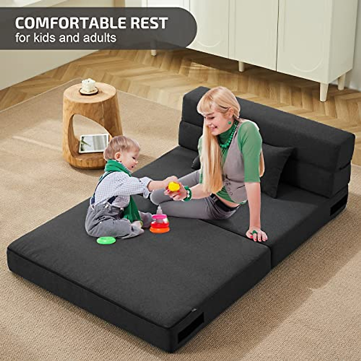 SUYOLS Folding Sofa Bed with Pillow - Convertible Chair Floor Couch & Sleeping Mattress - Foldable Memory Foam Sleeper for Living Room/Dorm/Guest Room/Home Office/Apartment/Upstairs Loft, Dark Grey