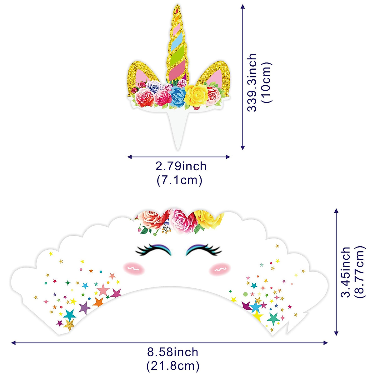 64pcs Unicorn Cupcake Toppers and Wrappers Double Sided for Kids Birthday Baby Shower Theme Party Decorations Supplies Set of 32