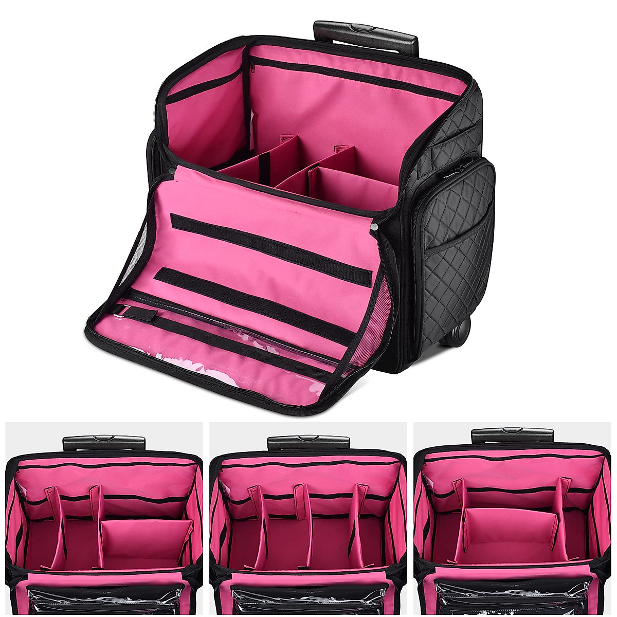 BYOOTIQUE Rolling Makeup Train Case Hairstylist Traveling Bag Carry On Barber Case Suitcase with Adjustable Dividers Cosmetic Bag with wheels for Hairdressing Tool Organizer Makeup Salon Nail
