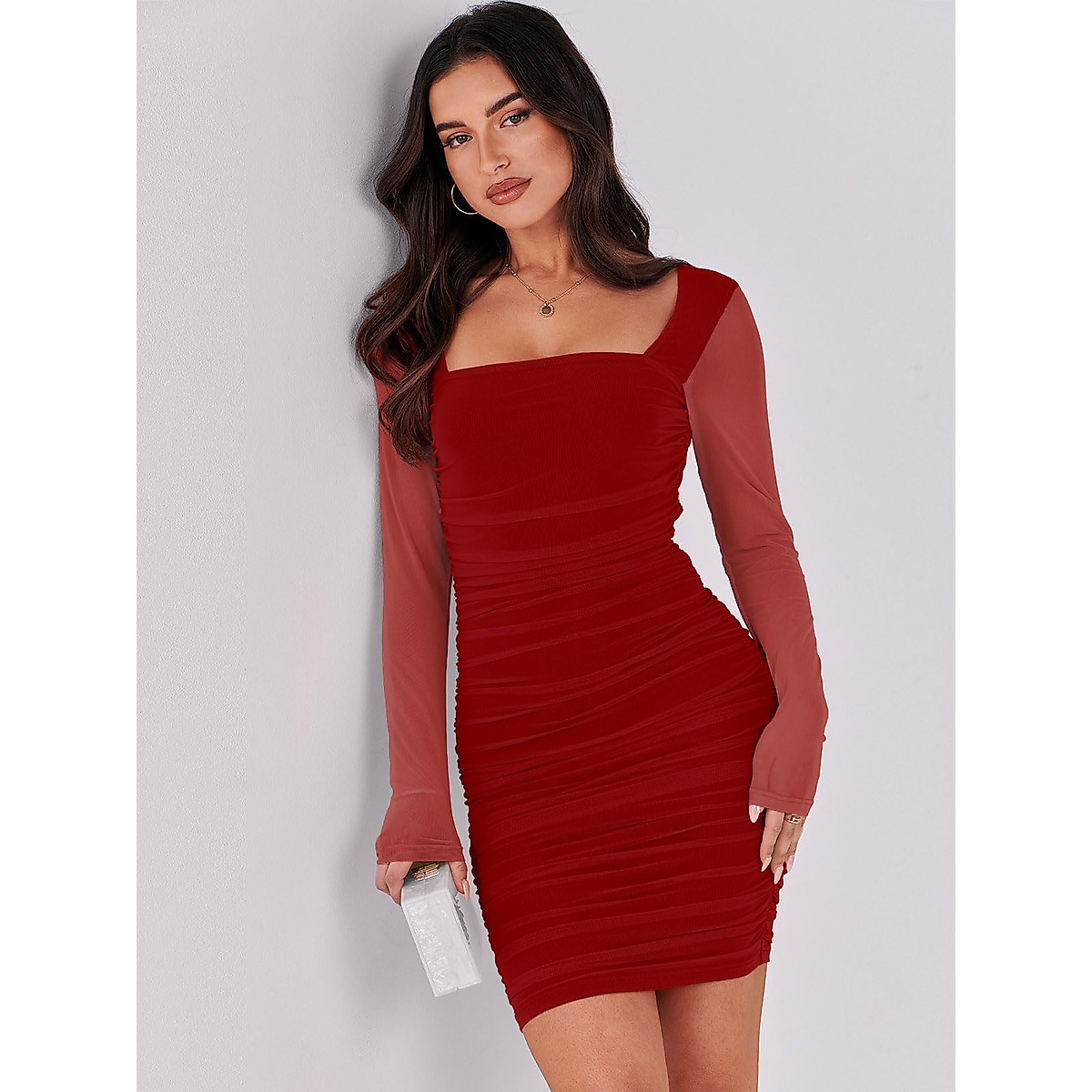 ANRABESS Women's Square Neck Mesh Ruched Bodycon Mini Dress Puff Long Sleeve Sexy Cocktail Party Short Dresses 2024 Large Red